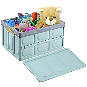 jocabo Collapsible Storage Box with lid 30L Lidded Bin Crates Plastic Tote Container Stackable Folding Utility for Clothes, Toy, Books ,Snack, Shoe -Blue