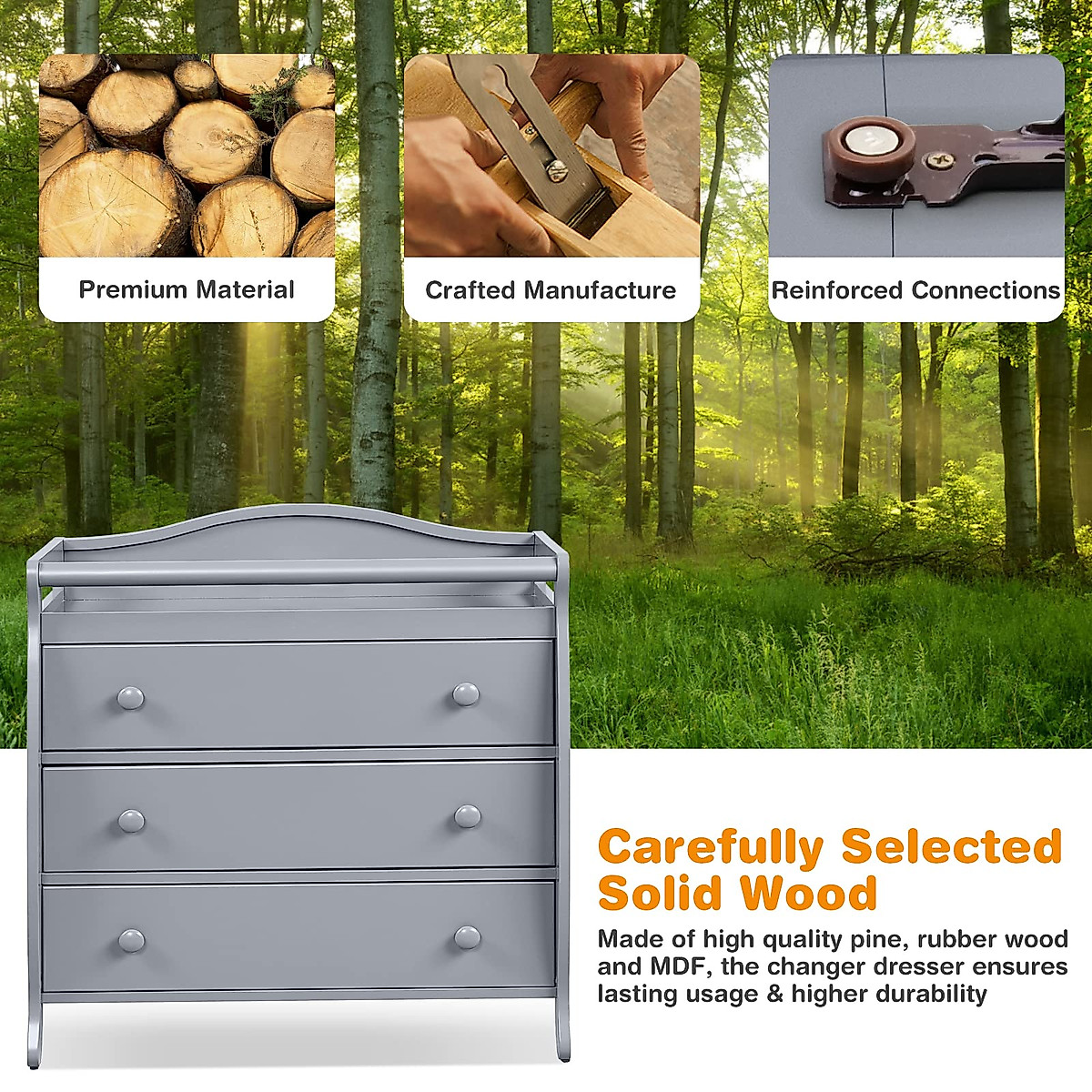 Costzon 3-Drawer Changing Table, Infant Diaper Changing Station with Drawers, Safety Rails & Strap, Baby Changing Table Dresser for Nursery, Easy Assembly (Gray)