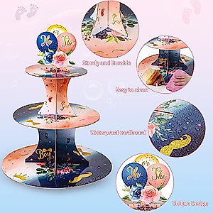 Gender Reveal Party Cupcake Stand Decorations, Blue and Pink 3 Tier Baby Shower Cupcake Toppers Dessert Holder Snack Tray Stand Tower for Boy Girl Baby Gender Reveal Birthday Party Favors