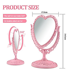 QEEYON Pink Heart Vanity Mirror - 360 Degree Swivel Makeup Double Sided Table Desk Countertop Stand for Dresser Bathroom Bedroom - Aesthetic Cosmetic Mirror for Women Girls