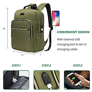 Modoker 15.6 Inch Laptop Backpack for Women, Quilted Work Backpack for Women Bookbag Teacher Backpack, Travel Backpack with USB Charging Port, Backpack Purse for Women Nurse, Green