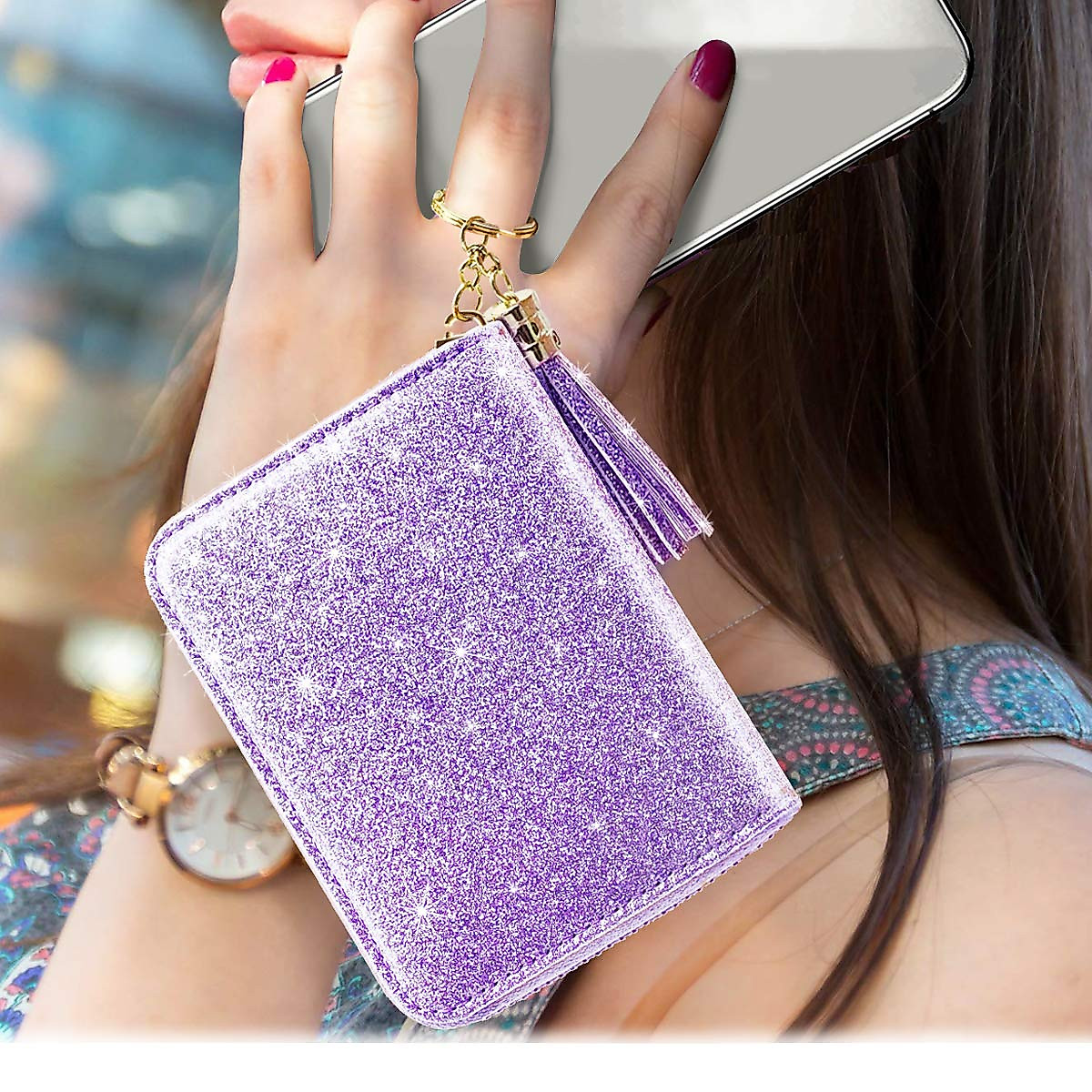 Coco Rossi Small Credit Card Wallet RFID Glitter Cute Accordion Card Holder with Zipper for Women