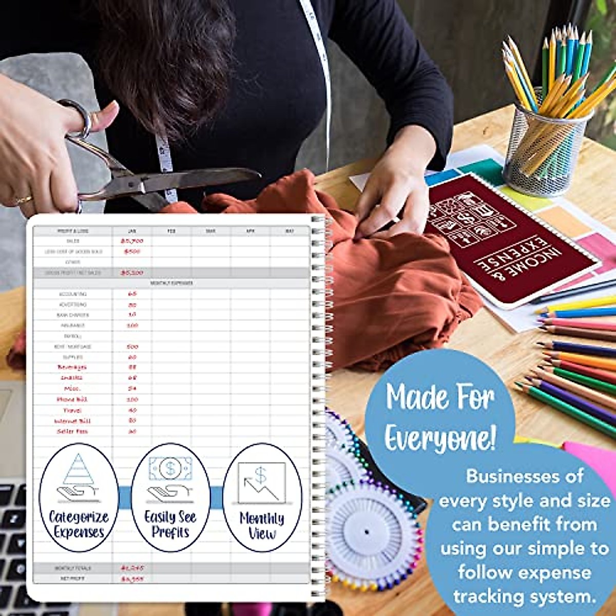 BookFactory Income and Expense Log Book/Tracker/Small Business Ledger Book/Accounting & Bookkeeping Ledger Log Book/LogBook 108 Pages - 8.5" x 11" Wire-O (LOG-108-7CW-PP-(IncomeExpense)-BX)