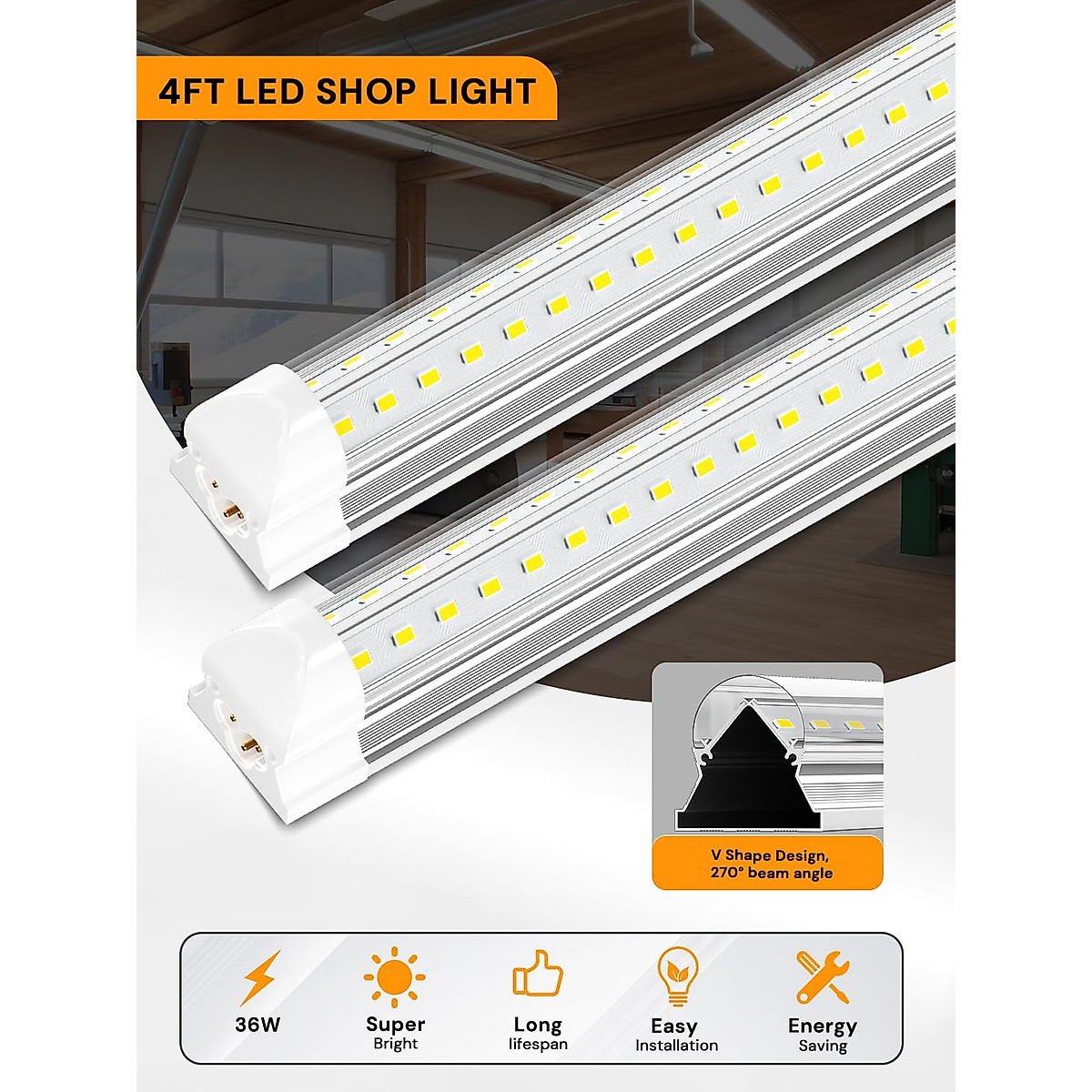 ONLYLUX LED Shop Light, 4ft 36W 5000lm 6500k Shop Lights, 4 Foot Led Light Fixture, T8 Led Tube Lights for Garage, V Shape High Output Linkable (10 Pack)