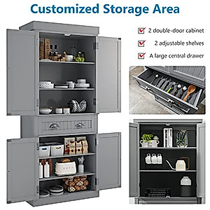 Squireewo 72" Freestanding Kitchen Pantry Storage Cabinet with Doors and Adjustable Shelves,Storage Cupboard with Large Drawer for Kitchen,Bathroom or Hallway,Grey