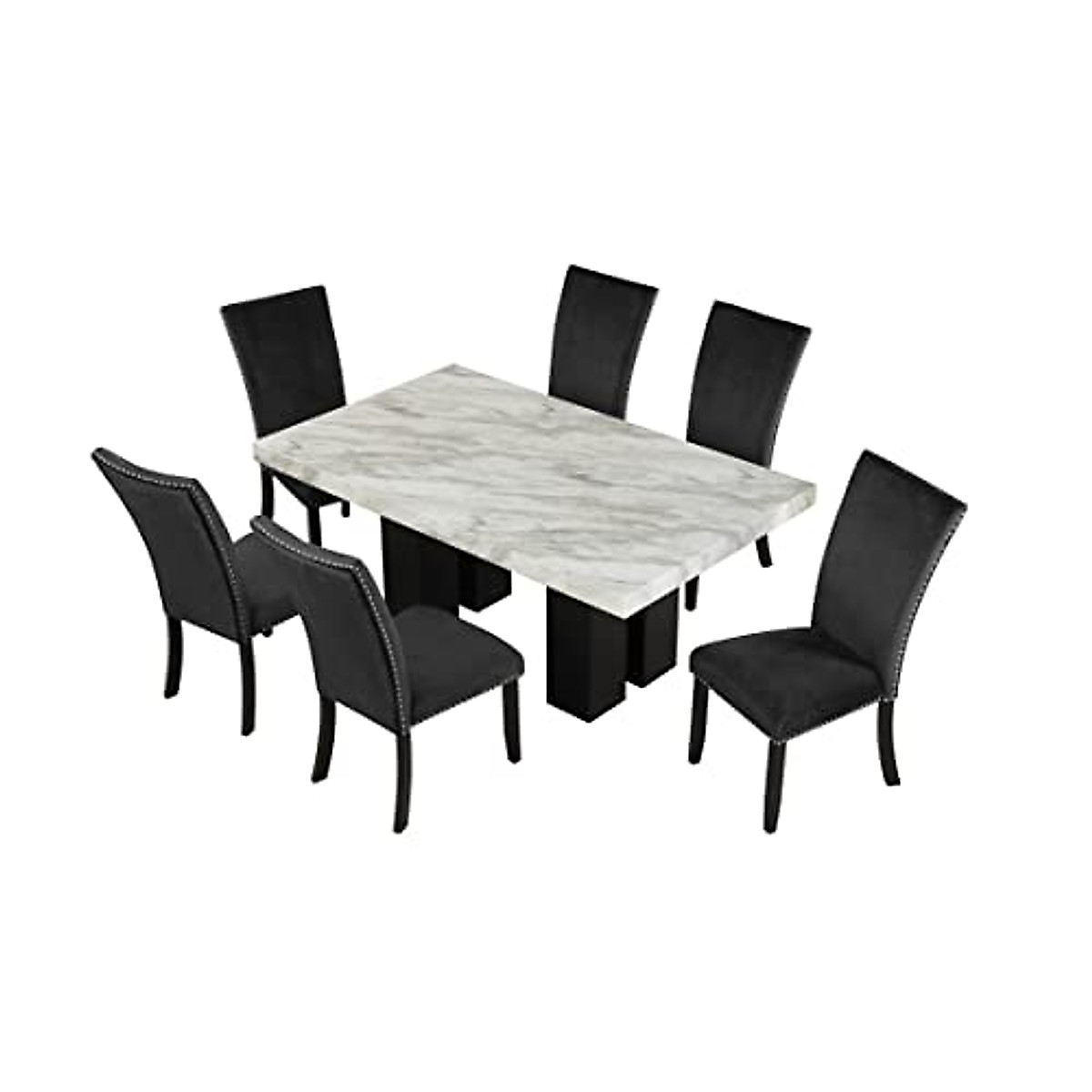 WOZNLA 7-Piece Table Set, Faux Marble Tabletop and 6 Upholstered Chairs, Enhance Your Dining Room Ambiance, Black