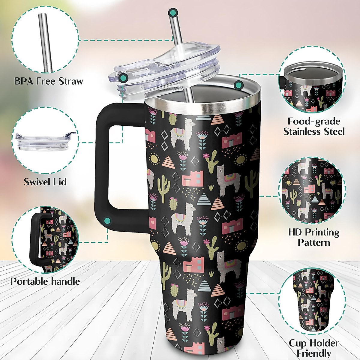 Ksoemar 40 Oz Llama Tumbler with Handle and Straw, Double Wall Stainless Steel Llama Cup, Alpaca Mug Insulated Llama Coffee Mug, 40 Oz Llama Mugs with Handle and Straw for Women Gifts