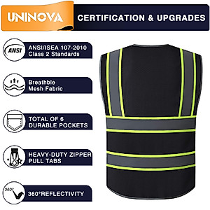 UNINOVA High Visibility Safety Vest - Multi Pockets Reflective Mesh Breathable Workwear, ANSI/ISEA Standards (Large, Black Mesh-02)