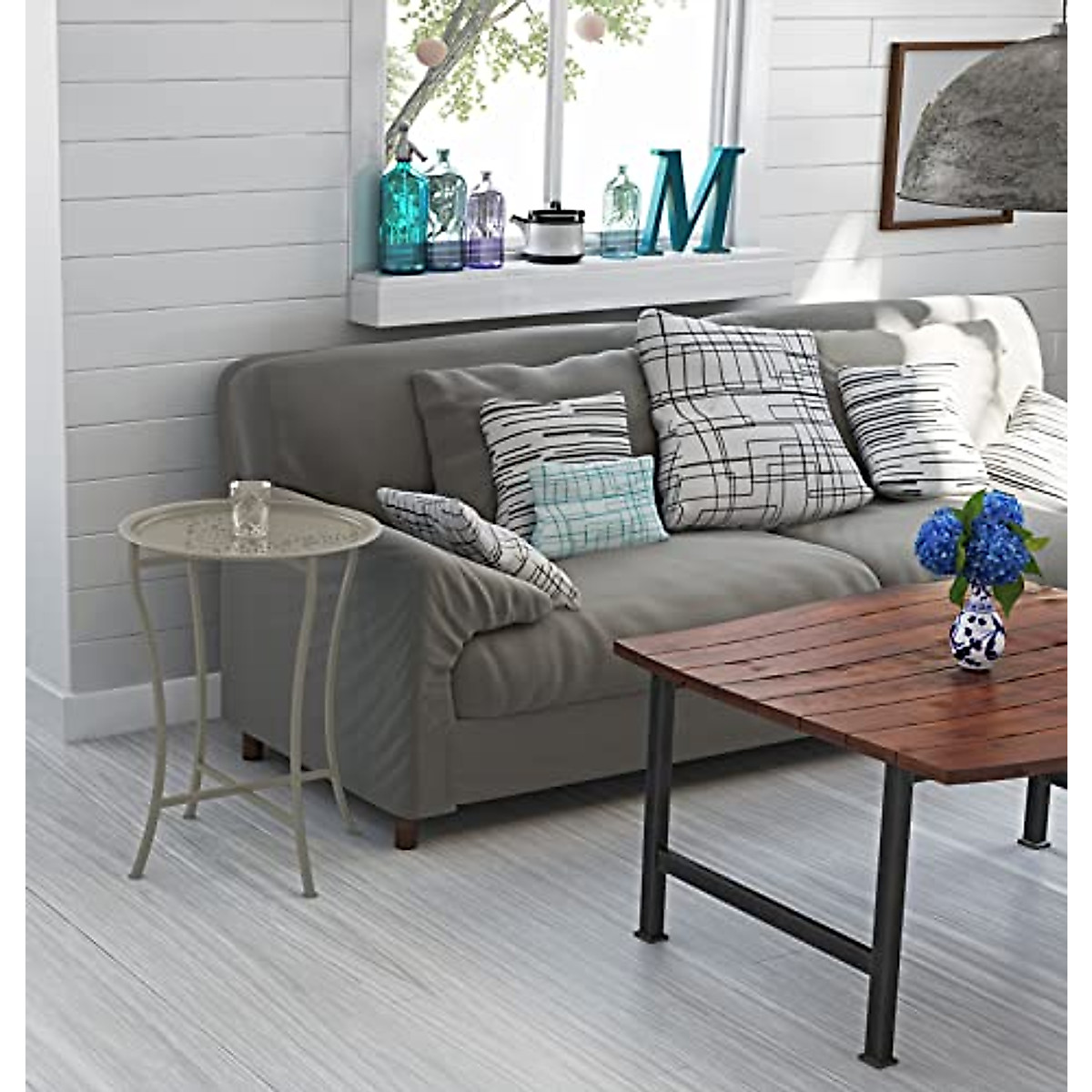 Atlantic Daisy Tray Table, Heavy-Duty Metal Construction, UV-Coated for Outdoor Use, Foldable Stand with Removable Daisy Pattern Top Tray, PN 82050198 in Stone