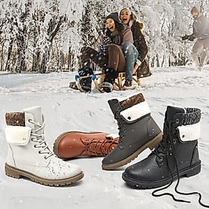 hash bubbie Women's Waterproof Winter Boots Black Combat Boots Mid Calf Snow Boots PU Leather Boots Lace up Fur Lined Ankle Booties（Black.US9）