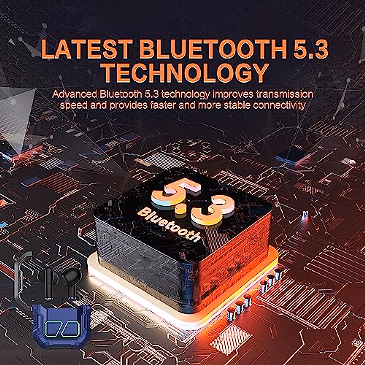 Wireless Earbuds Bluetooth 5.3 Headphones with HiFi Stereo Sound in-Ear Earphones Cool Mecha Earbud Auto Pairing Gaming/Deep Bass Music Mode Headset Built-in Microphone