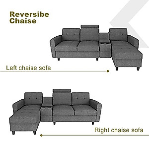 HONBAY Reversible Sectional Sofa Couch Modern Upholstered L Shaped Sofa with Cup Holders & Storage Console, Left or Right Side Chaise Sectional Sofa for Living Room Office, Grey