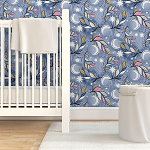 Peel & Stick Wallpaper Swatch - Whimsical Night Pastel Blue Pink Moon Star Sky Custom Removable Wallpaper by Spoonflower