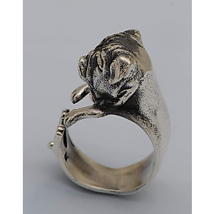 Pug Dog Adjustable Biker Ring With Black Spinel Gemstone 925 Sterling Silver (Silver, 6)