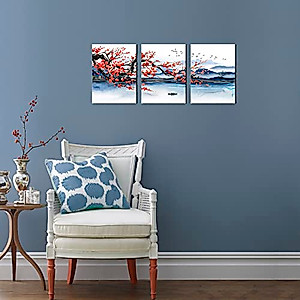 Canvas Art Wall Decor for Bedroom 3 Pieces Framed Wall Art Modern Wall Decor for Bathroom Mountain Lake Plum Blossom Theme Art Prints Modern Wall Art Artwork for Kitchen Home Walls 12x16 Each Panel