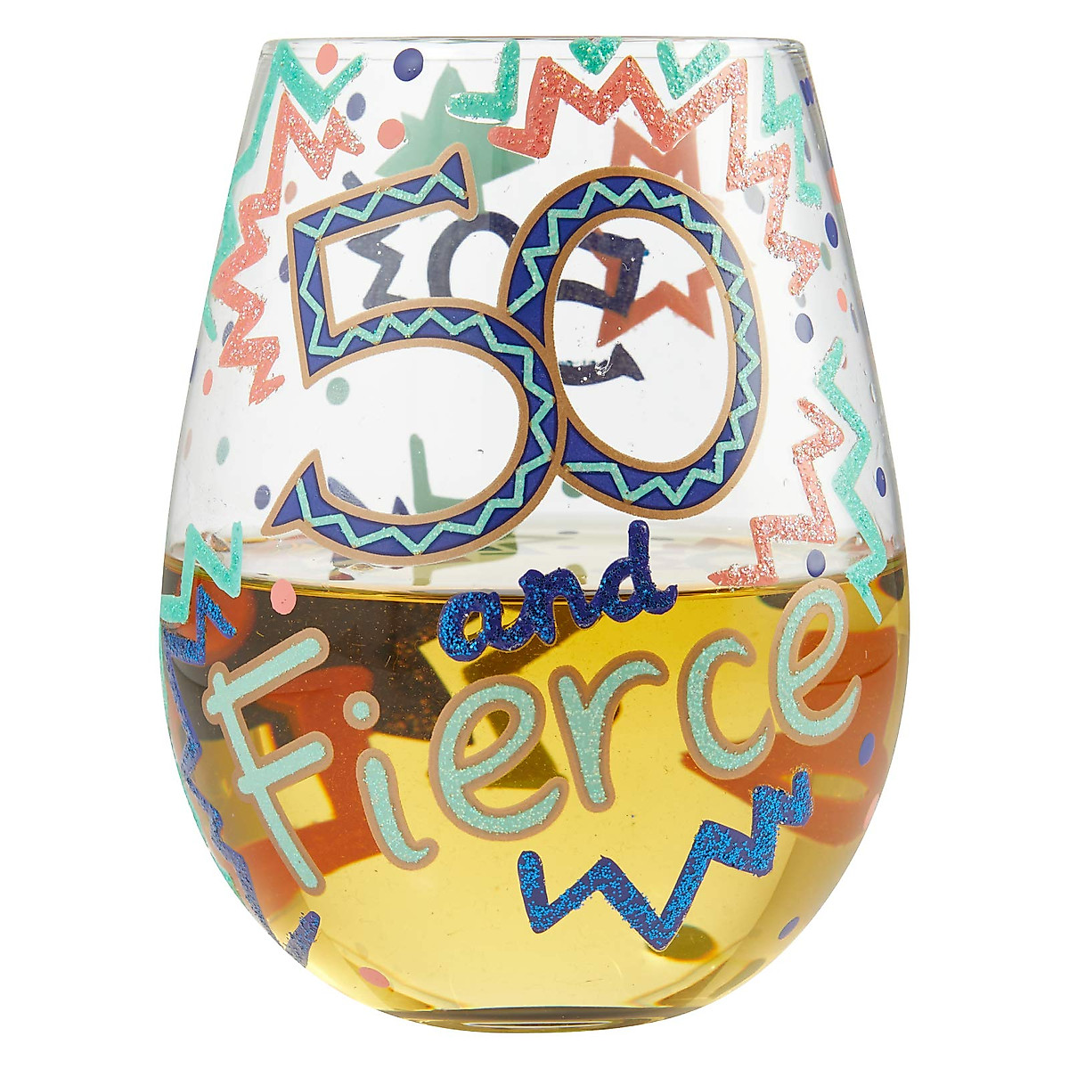 Enesco Designs by Lolita 50 and Fierce Hand-Painted Artisan Stemless Wine Glass, 1 Count (Pack of 1), Multicolor