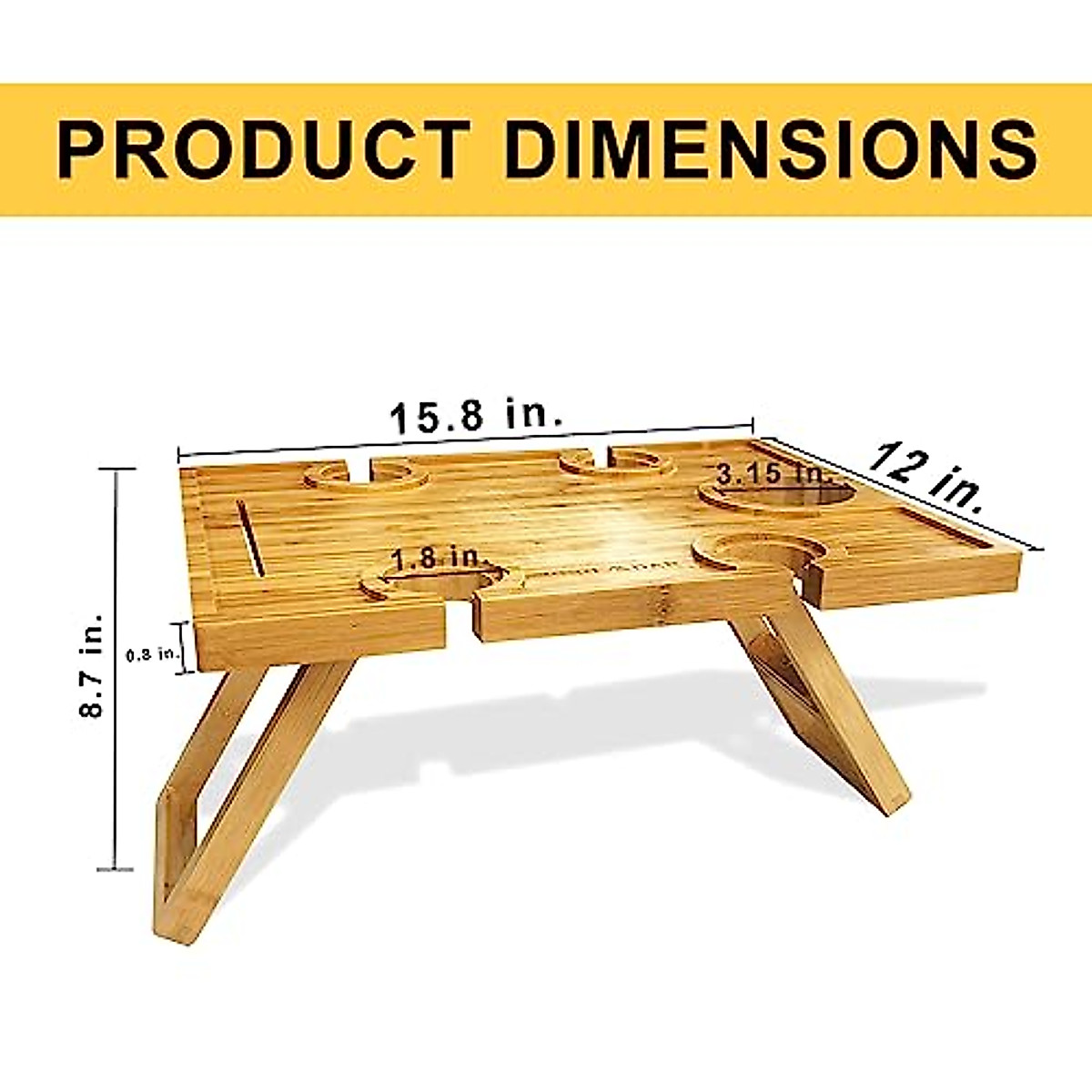 PERLADAR Portable Picnic Table for Wine and Glass, Outdoor Wooden Foldable Champagne Picnic Table, Bamboo Snack & Cheese Tray for Beach/Indoor/Outdoor