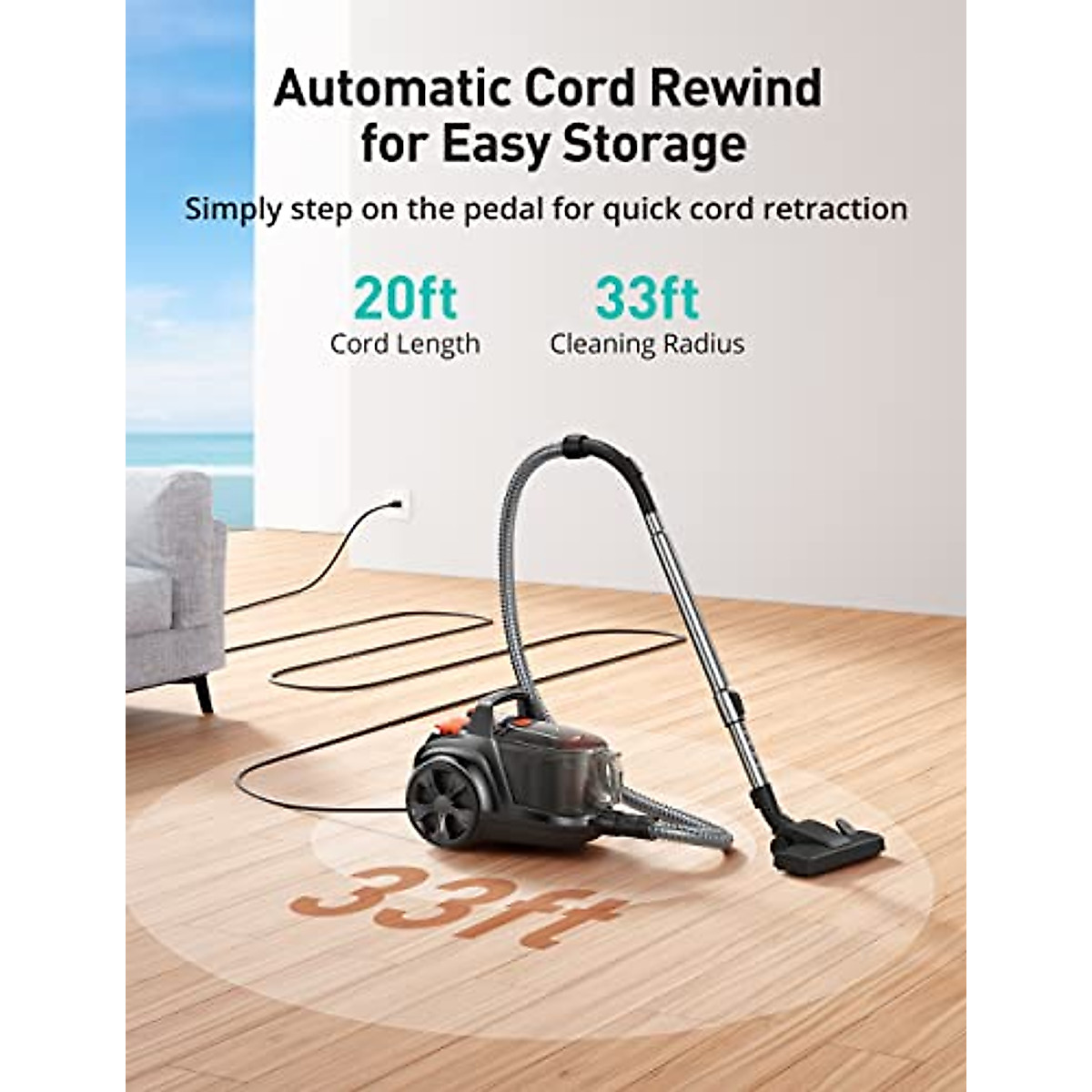 Aspiron Canister Vacuum Cleaner, 1200W Lightweight Bagless Vacuum Cleaner, 3.7QT Capacity, Automatic Cord Rewind, 5 Tools, HEPA Filter, Pet Friendly Vacuum Cleaner for Hard Floors, Carpet, Pet Hair