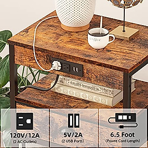 Furologee Nightstand Set of 2 with Charging Station, End Table with USB Ports&Power Outlets, 3-Tier Storage Shelf Tall Bedside Table, Industrial Side Table with Fabric Drawer for Bedroom/Living Room