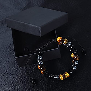 Triple Protection Bracelet Natural Black Obsidian Tigers Eye Hematite 8mm Beads Crystal Bracelet Healing Bracelets for Men Women Bring Prosperity Luck and Health