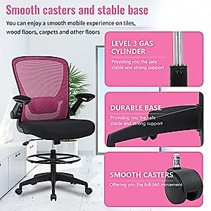 BestOffice Drafting Chair Tall Office Chair with Adjustable Foot Ring and Flip-Up Arms Computer Standing Desk Chair Executive Rolling Swivel Chair for Office & Home,Pink