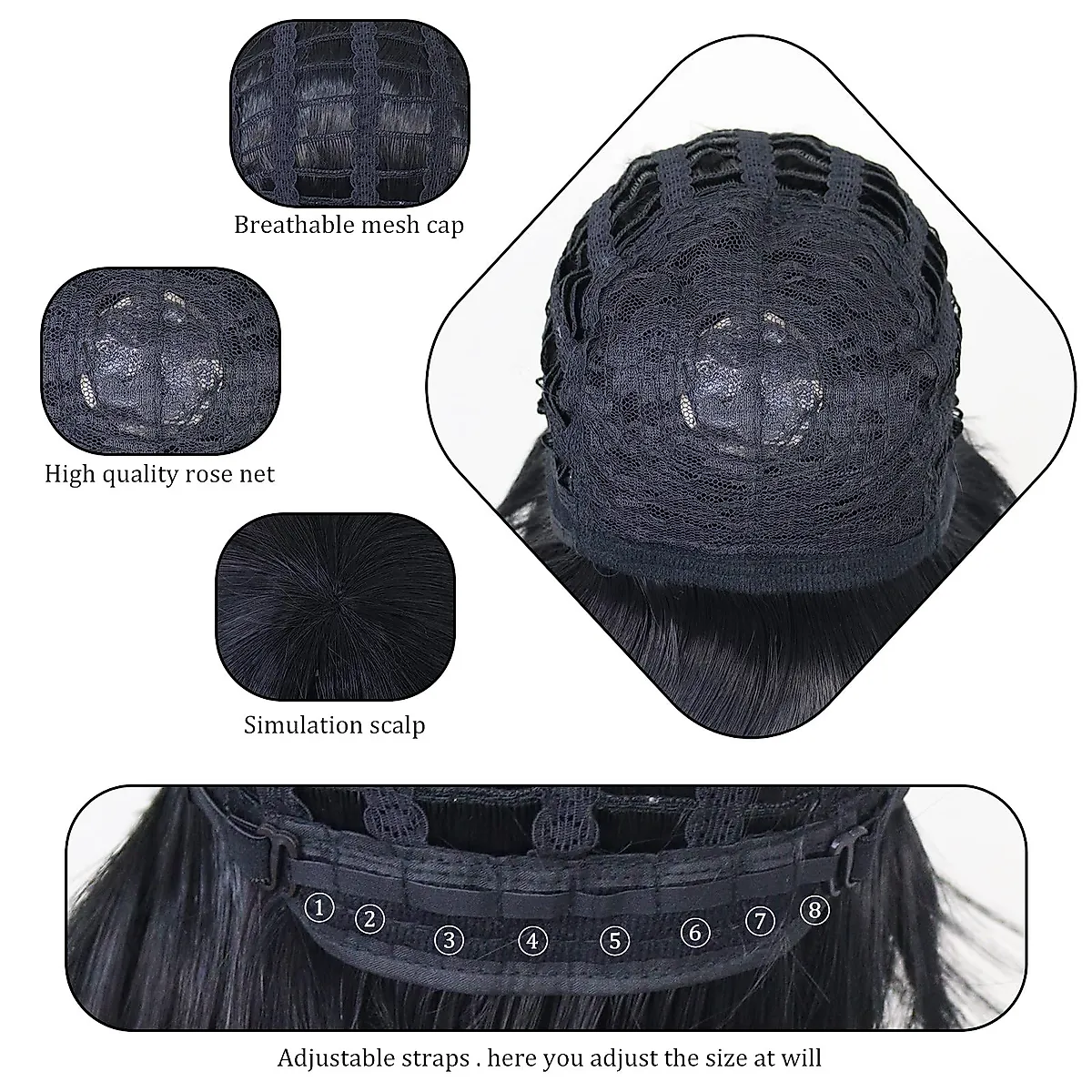 ANOGOL Hair Cap+32Inch/80cm Long Straight Black Wig Cosplay Synthetic Wig Long Black Wig with Bangs Peluca Negra Cosplay Wig for Halloween Anime Hair for Women Costume Party