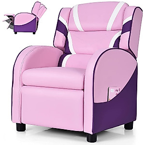 Moccha Kids Recliner Chair with Side Pockets for Boys and Girls Room, Adjustable Kids Couch Chair w/Footrest, Ergonomic Toddler Furniture Sofa (Pink)