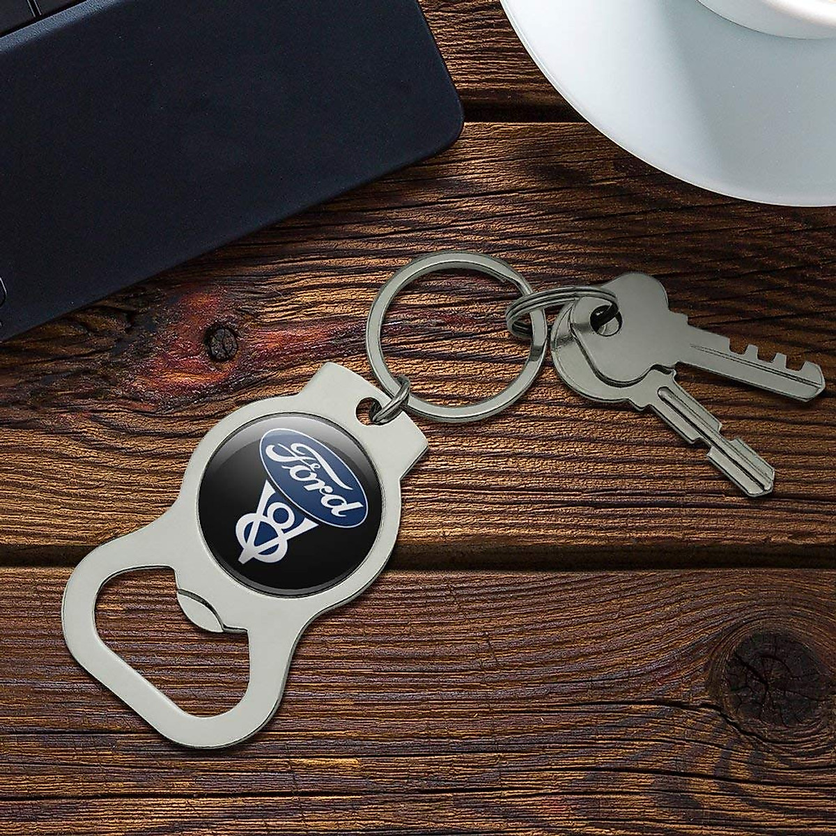 GRAPHICS & MORE Ford Vintage V8 Logo Keychain with Bottle Cap Opener