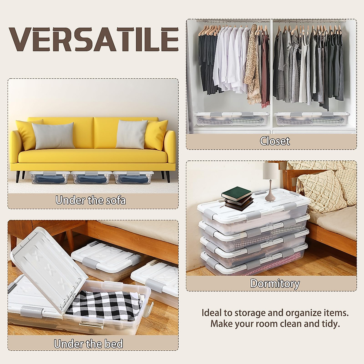 Beeveer 4 Pcs Plastic Under Bed Storage Containers with Double Opening Lids Wheel Handle, Transparent Large Capacity Stackable Latching Storage Bins for Closet Bedroom, 31.5 x 15.8 x 5.2 Inch(White)