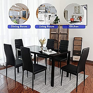 BAHOM 7 Piece Kitchen Dining Table Set for 6, Glass Dining Table and 6 Chairs PU Leather for Breakfast (2 Boxes)