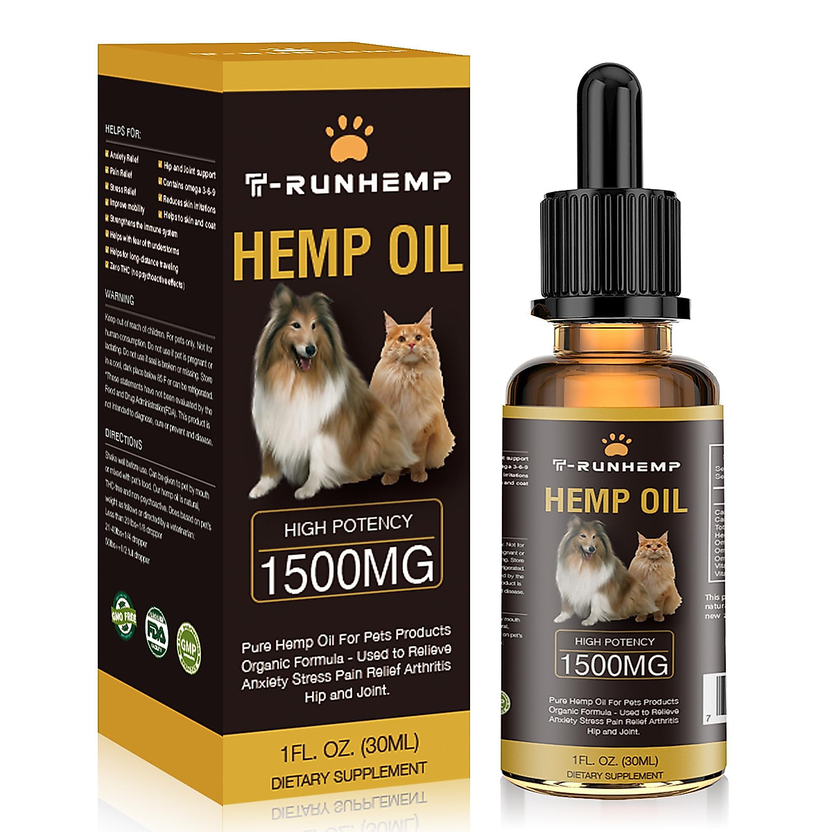 T-RUNHEMP|Hemp Oil for Dogs Cats - Helps Pets Calming Drops Anxiety and Stress Relief, Pain Relief Inflammation, Joint Health Pet's Calming Treat Omega 3, 6, 9 and Vitаmins B, C, E