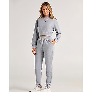 BTFBM Women 2 Piece Outfits Long Sleeve Crop Top Pullover Drawstring Pant Jogger Set Casual Sweatsuits Tracksuit Pockets(Grey, Small)