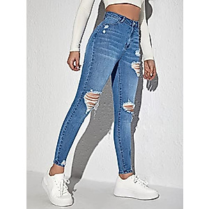 MakeMeChic Women's Ripped Skinny Jeans Casual High Waisted Distressed Stretch Denim Pants Blue A L