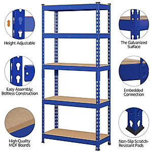 Topeakmart 4 PCS 5-Tier Utility Shelves, Metal Storage Shelves Garage Shelving Unit Adjustable Garage Storage Shelves Storage Racks Heavy Duty Shed Shelving- Blue, 27.5 x 12 x 60 Inch