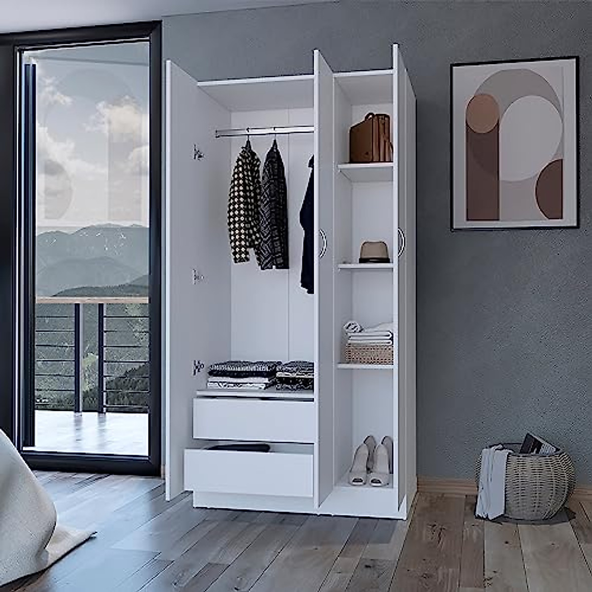 AMFSQJ Contemporary Miscellaneous Storage Closet with Hanging Rod, Versatile Organizer for Various Spaces, 35.43”*29.69”*71.14”H, White
