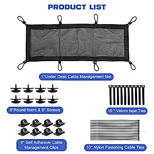 Under Desk Cable Management Net Kit, 27 x 10 in Stretchable Under Desk Cable Management Net, Under Desk Cord Organizer Net, for All Under Desk Cable Management