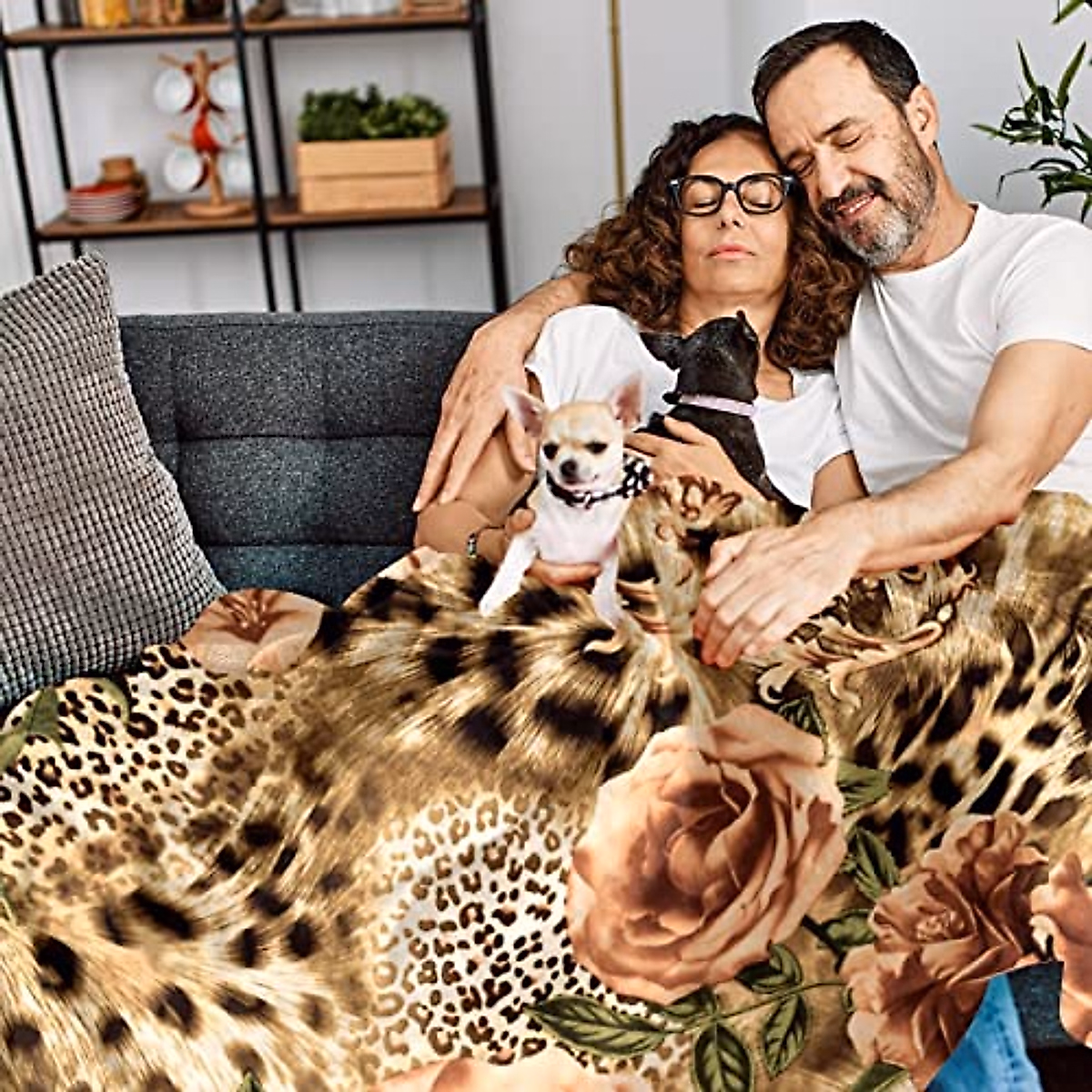 Bedding Bed Blanket Queen Size Plush Blanket Fleece Blanket for Bed and Couch, Leopard Print Retro Rose Floral