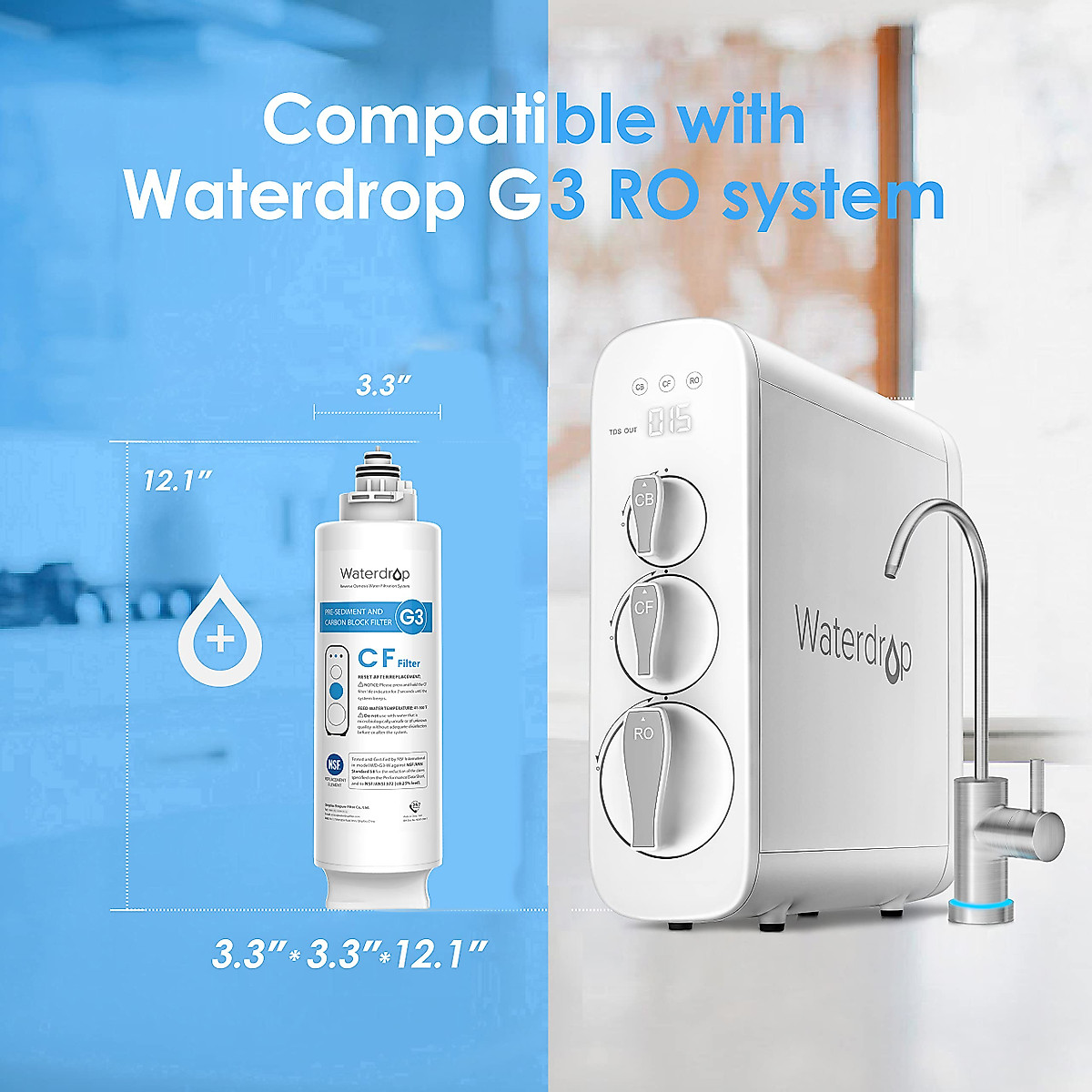 Waterdrop WD-G3-CF Filter, Replacement for WD-G3-W, WD-G3P600 and WD-G3P800-W Reverse Osmosis System, 6-month Lifetime