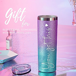 Onebttl Inspirational Gifts for Women, You Got This, Motivational Encouragement Job Promotion Congratulations Gifts for Women, Friends, New Mom, Coworkers, 20Oz Skinny Tumbler， Glitter Blue & Purple
