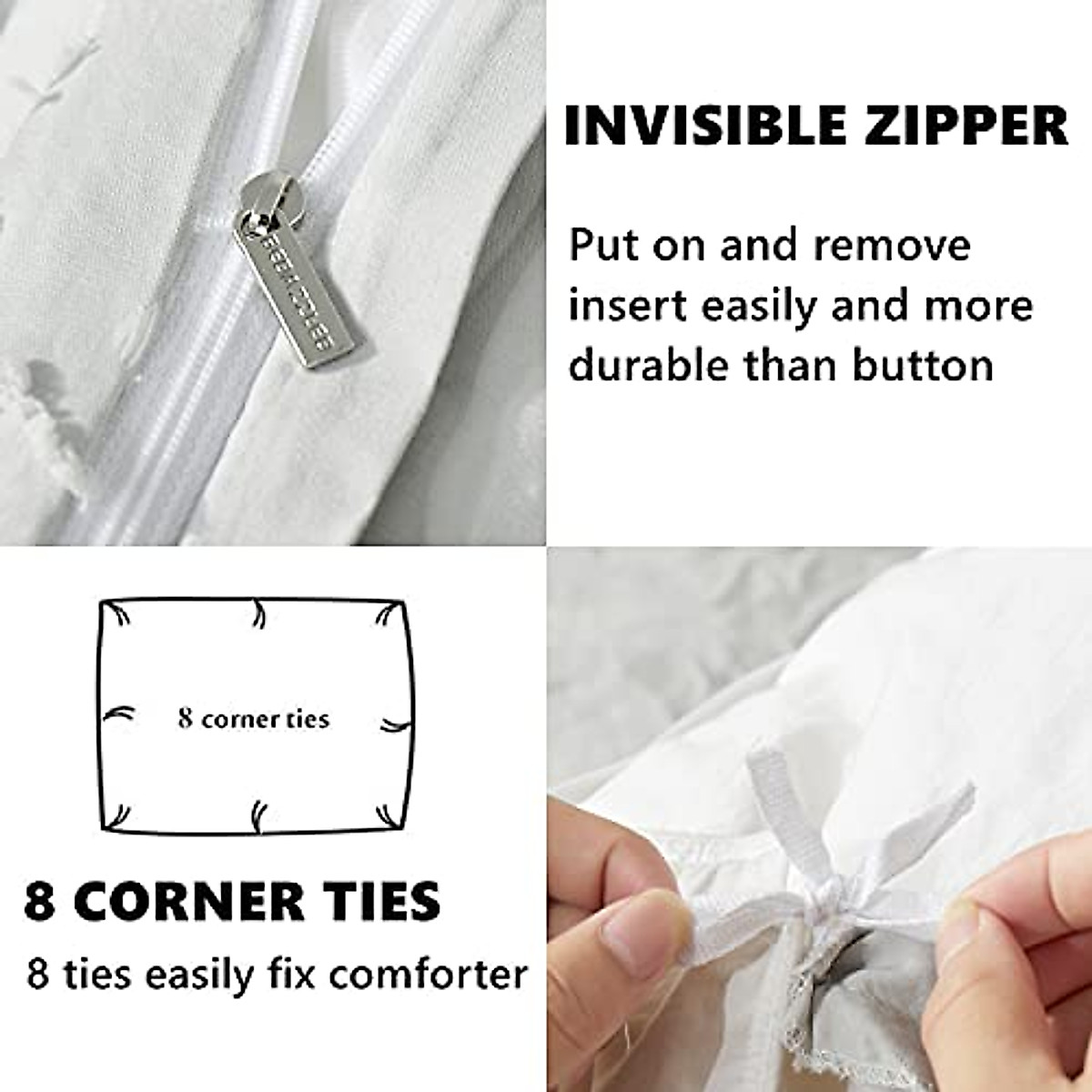 BEDAZZLED Duvet Cover Queen Size, 3 Pieces Tufted Comforter Cover Set, Soft and Embroidery Shabby Chic Boho Bedding Sets for All Seasons, Light Grey