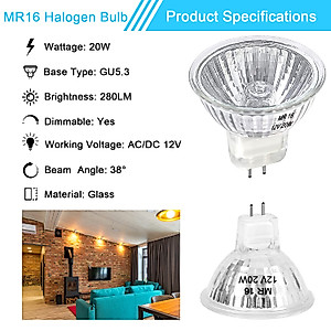 MR16 Halogen Bulb 20W Dimmable 12V GU5.3 Bi Pin Base Spotlight with Long Lifespan, 2700K Warm White MR16 Bulbs with Clear Glass Cover for Landscape, Track Lights, Fiber Optics, Desk Lamps, 6 Pack