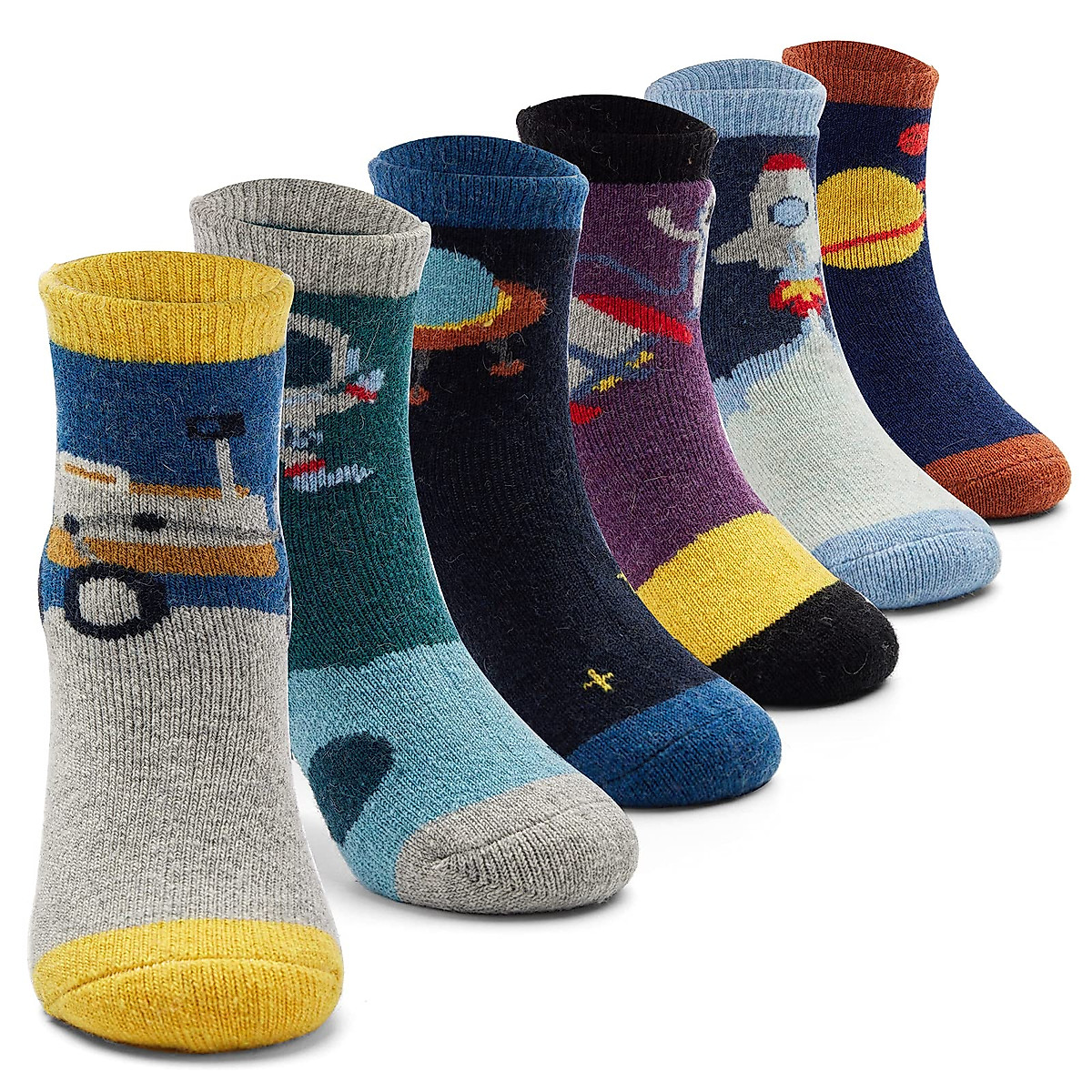 Qterdiz Toddler Boys Wool Socks Kids Thick Winter Warm Socks Thermal Crew Socks for Boys Space 6 Pack 4-6 Years