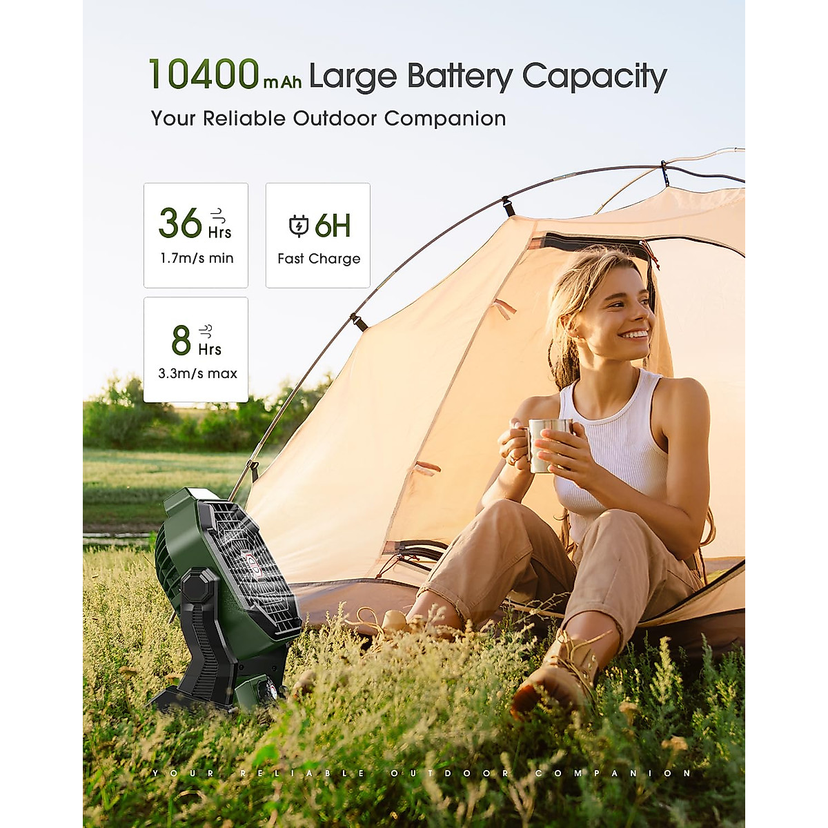 Drchop Portable Rechargeable Fan, 8-Inch Battery Operated Fan with Light & Hook, 10400mAh Travel Tent Fan, Quiet USB Desk Fan for Table, Outdoor, Army Green