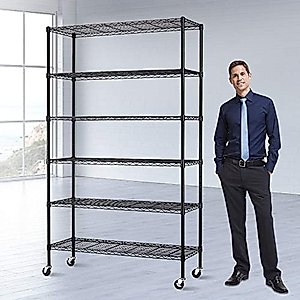 Storage Shelves Heavy Duty 6 Tier Wire Shelving Unit with Wheels Adjustable Metal Wire Shelf 48" L×18" W×82" H Standing Garage Shelves 2100 Lbs Weight Capacity Multifunctional Home Storage Rack, Black