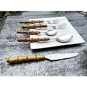 Nature Real Bamboo Handle Flatware 5-Piece Set, Stainless Steel 18/10 Food Safety Grade Silverware Cutlery Set Eating Utensils Matte Silver (Nature bamboo 5 pcs set)