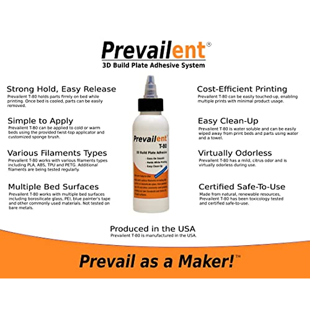 Prevailent T-80, 3D Printer Bed Adhesive Glue - Helps Prevent Warping, Strong Hold and Easy Release with Various Build Plates and Filament Types Including PLA, ABS, TPU, and PETG, 2 fl oz. (60ml)