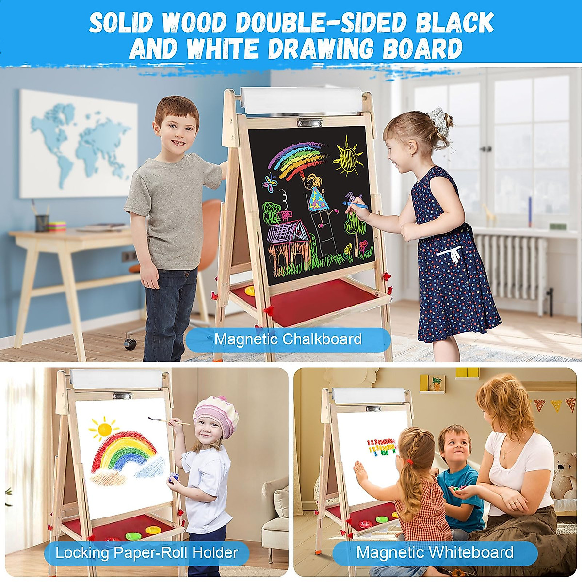 Easel for Kids Including 100+ Accessories - White Board for Kids and Black Board Double Sided Adjustable Wooden Kids Easel with 1 Drawing Paper Roll Wooden Magnetic Drawing Board for Kids