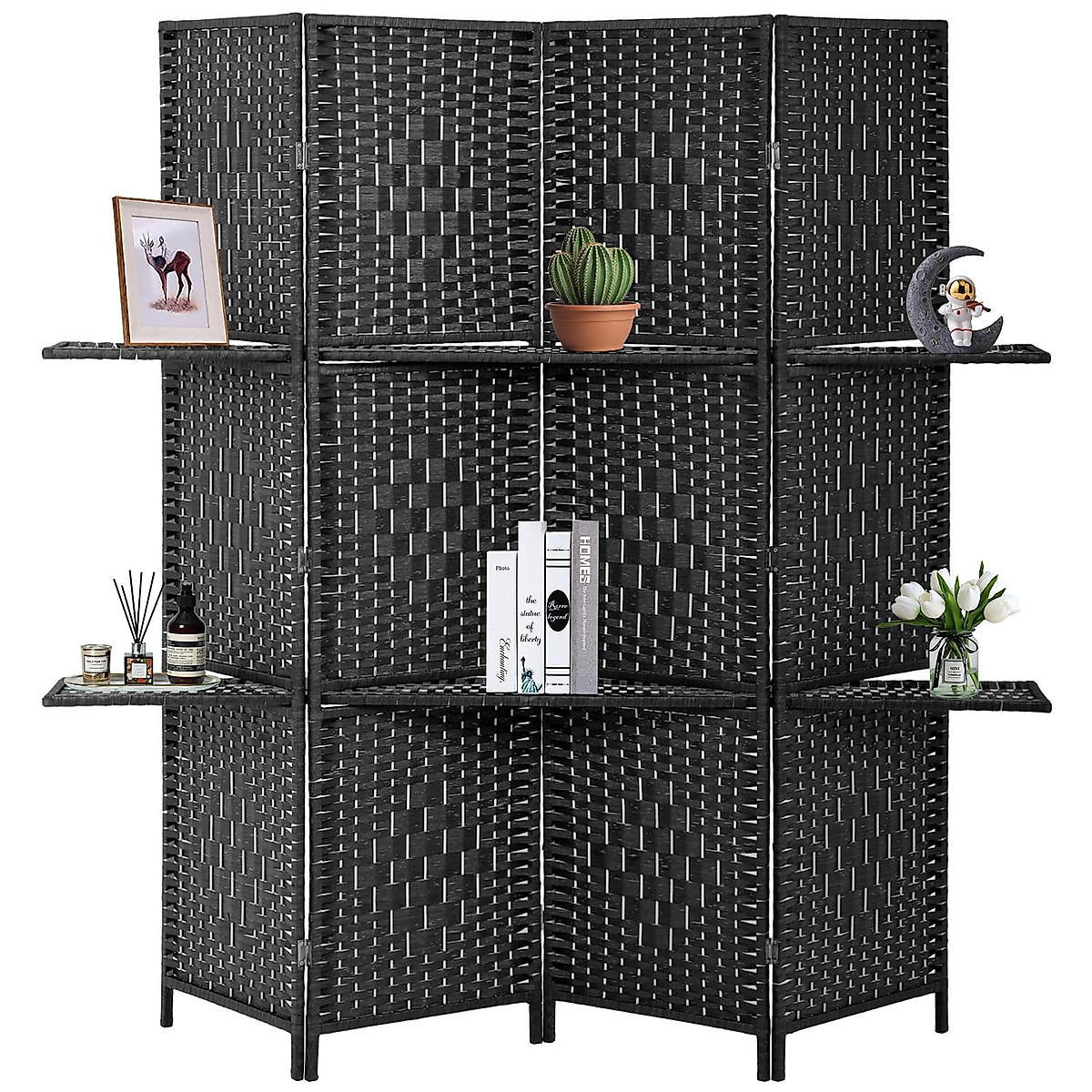 4-Panel Room Diviver Privacy Screen,Wooden Screen Folding Portable Partition Screen with Removable Storage Shelves,Indoor Partition Wall Dividers Freestanding Partition Screens for Home Office(Black)