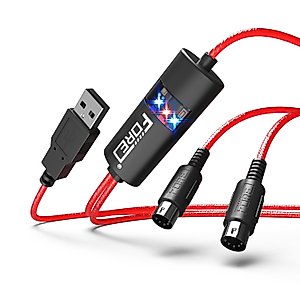 FORE MIDI to USB Interface MIDI Cable Adapter with Input&Output Connecting with Keyboard/Synthesizer for Editing&Recording Track work with Windows/Mac OS for Studio USB 2.0 Color Red - 6.5Ft