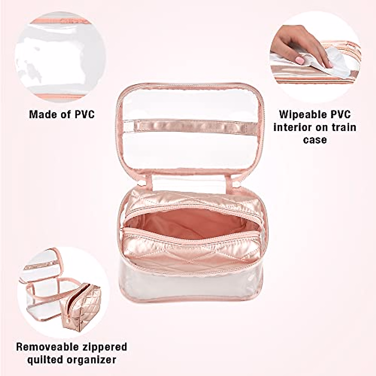 Conair Travel Makeup Bag, Large Toiletry and Cosmetic Bag, Perfect Size for Use At Home or Travel, Two Piece Train Case Set in Rose Pink Metallic Quilt